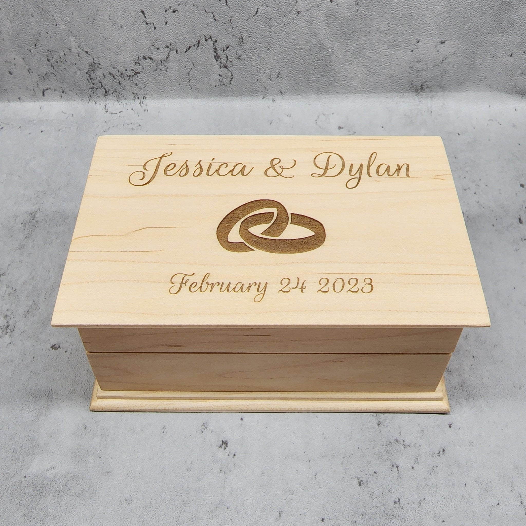 Wedding Ring Jewelry Box with names and date engraved on top, choose c ...